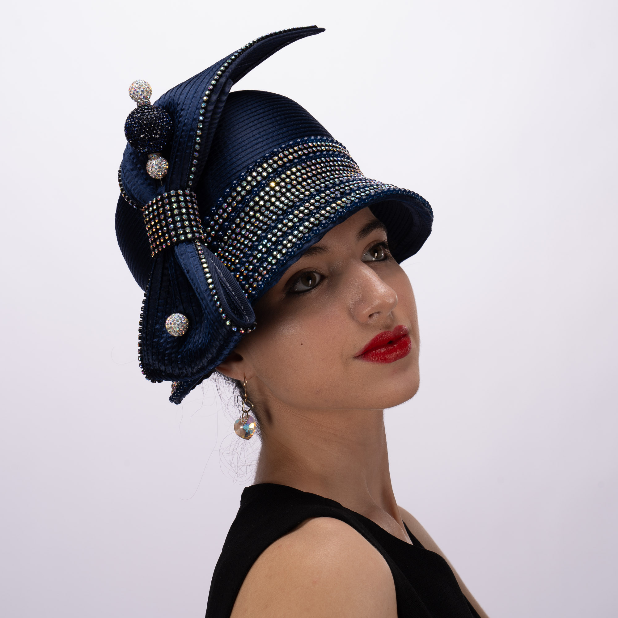 Satin Ribbon Cloche With Satin Ribbon Bow, Crystal Pin On One Side ...