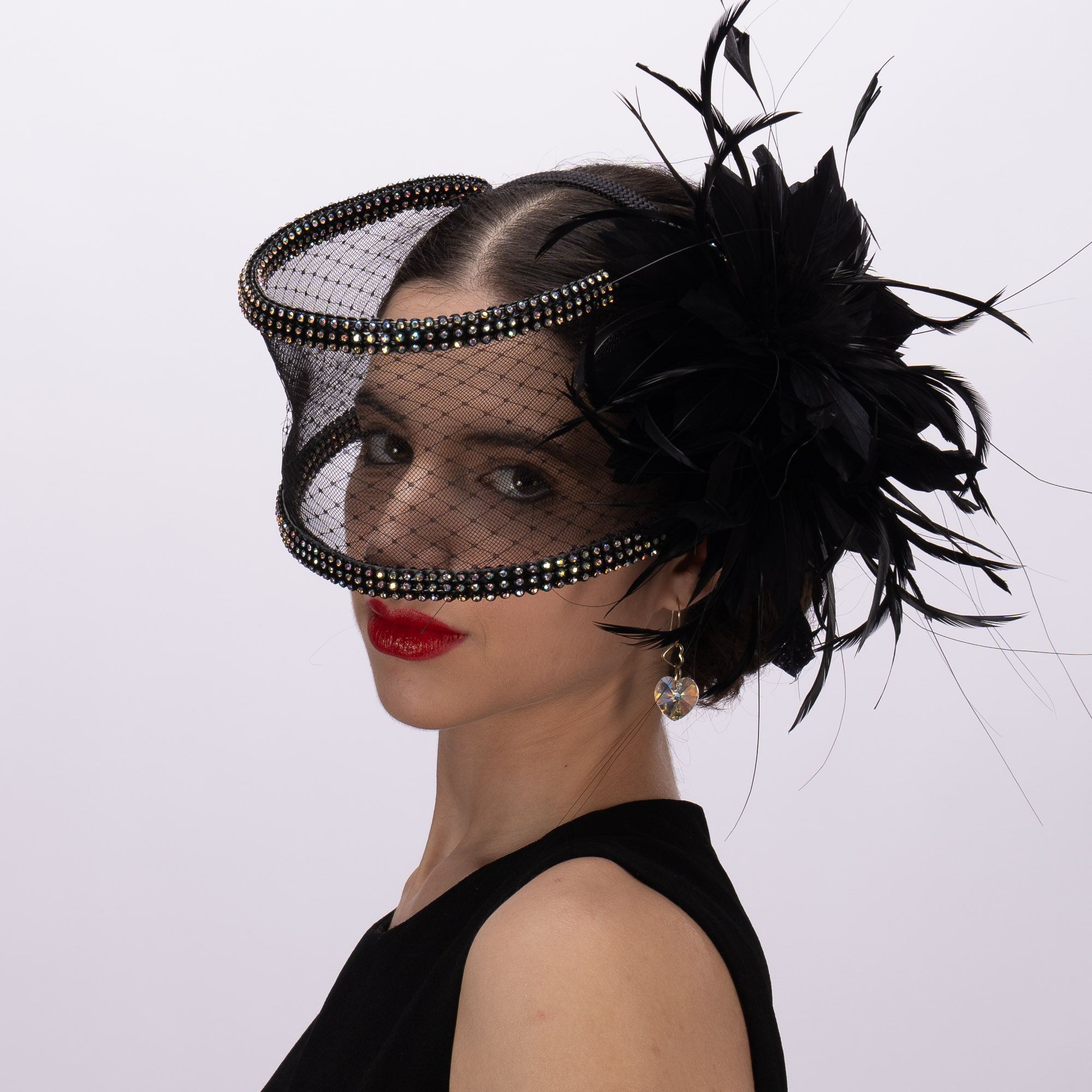 Crinoline Based Veil With Rhinestone Covering Edges And Feathers On One ...