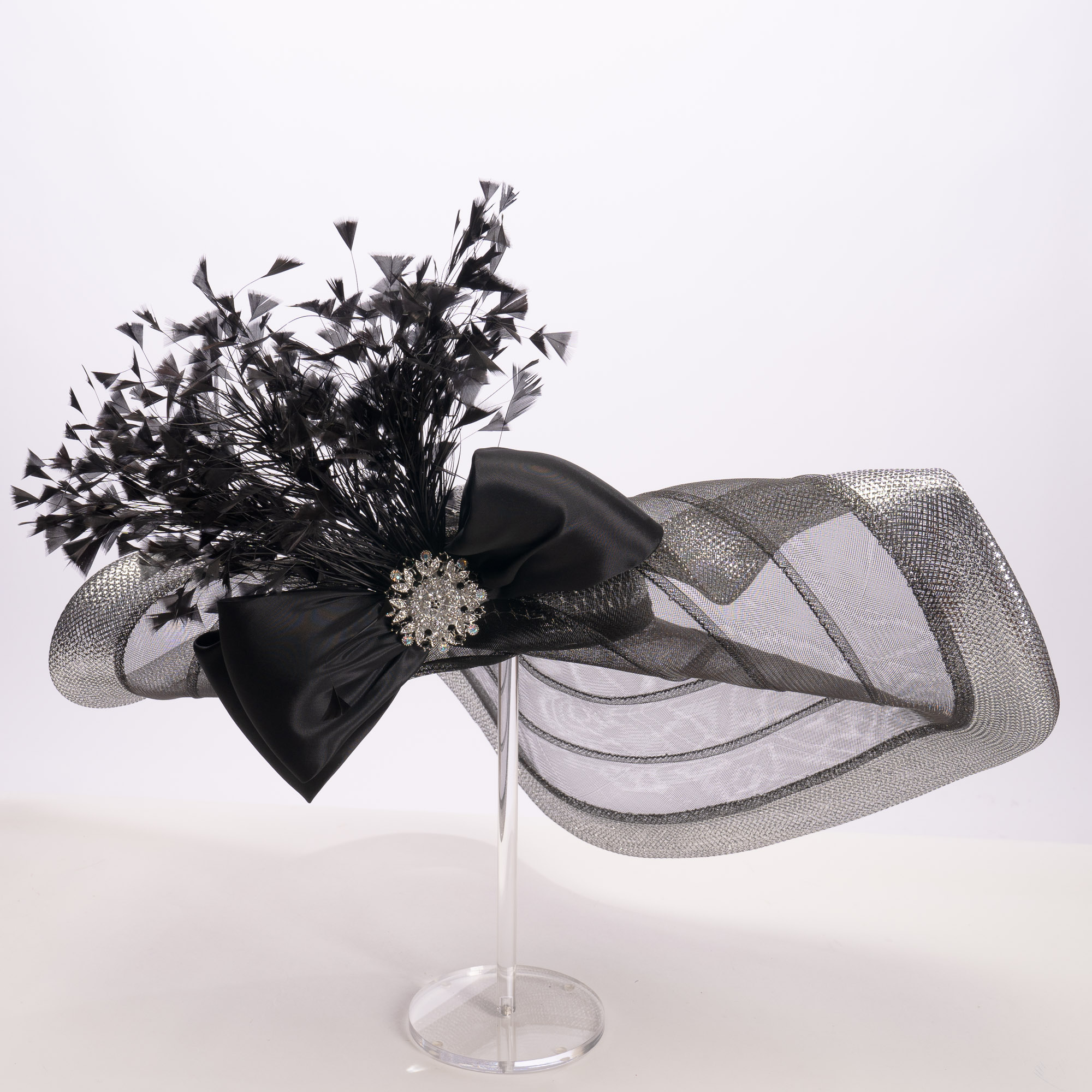 11 Inches Large Crinoline Brim Hat With Feather And Bow Trim | SUN YORKOS